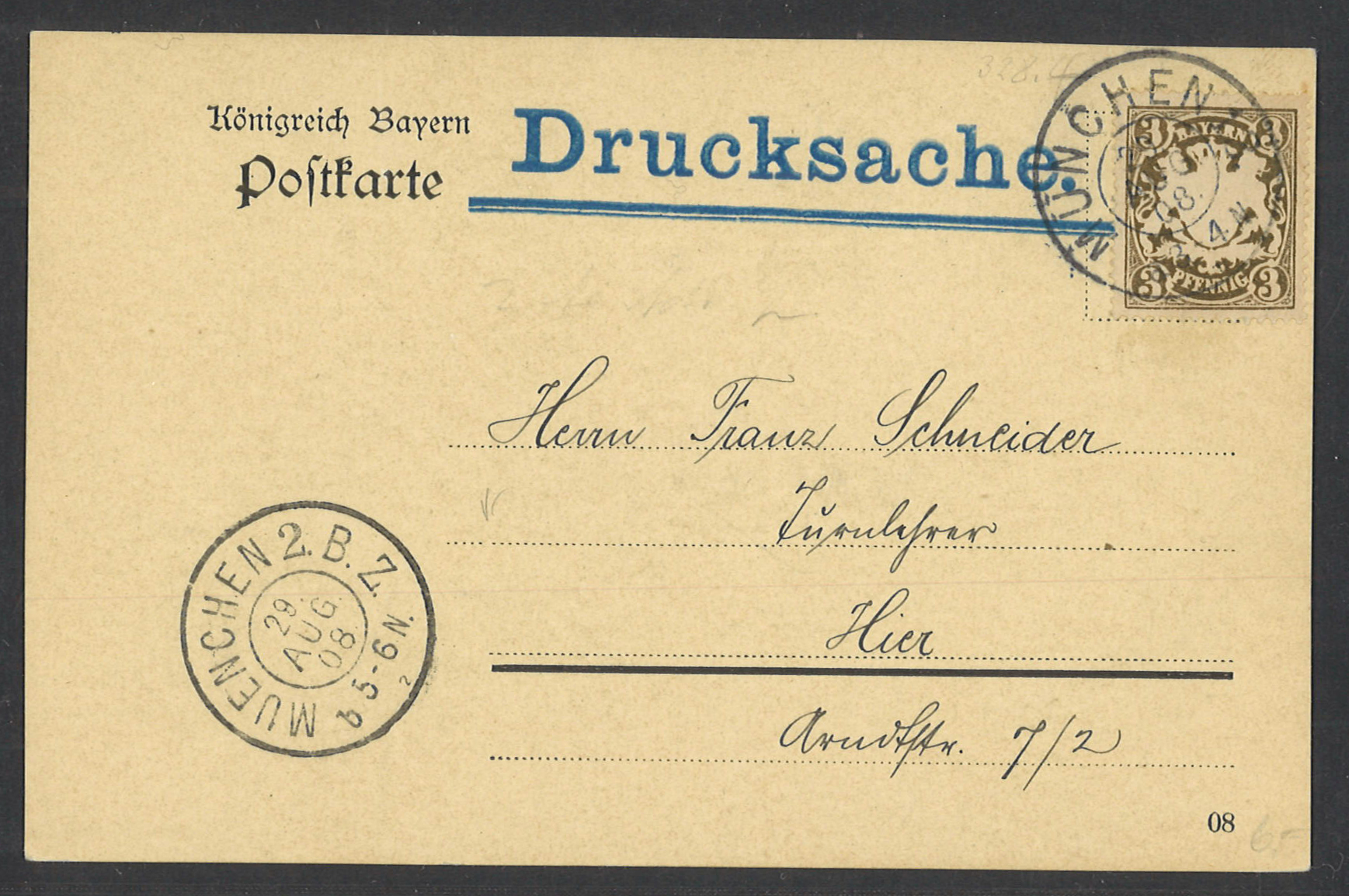 Altdeutschland Bayern 1908 Drucksache Postkarte EF 3 Pf. Turnverein ...