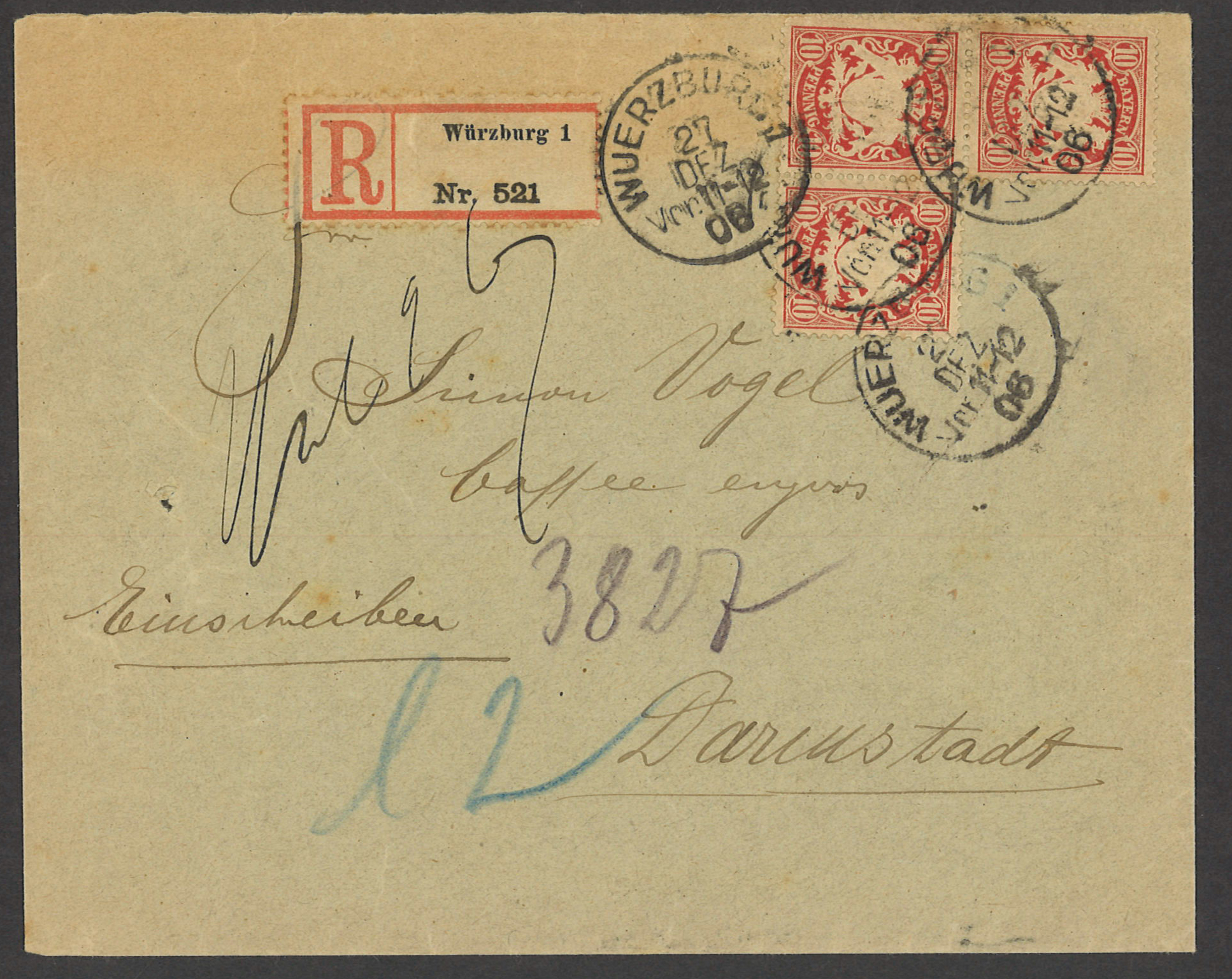 Altdeutschland Bayern 1908 Brief 10 Pf. MiNr. 56 MeF Einschreiben ...