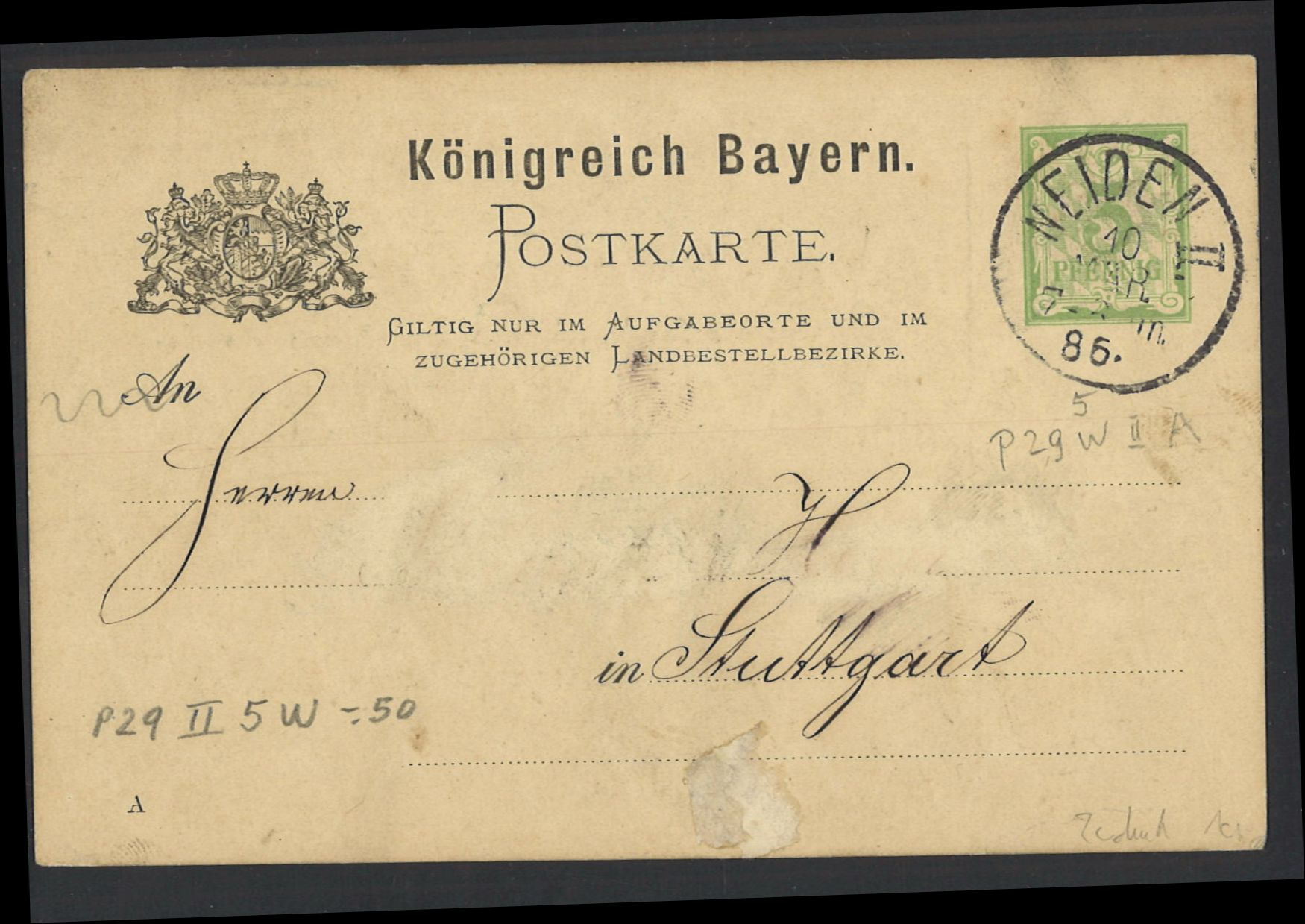 Altdeutschland Bayern 1886 Postkarte P 29 Weiden Zudruck Porzellan ...